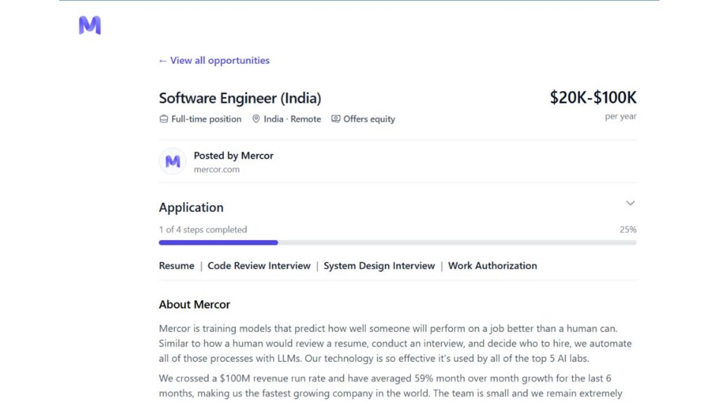 Mercor Recruitment 2025 - Software Engineer (India) Posts